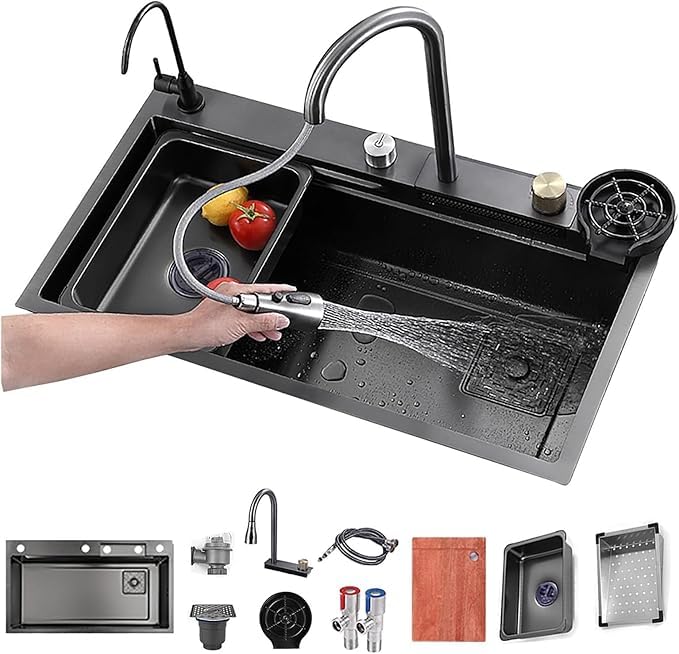 Black Nano Waterfall Kitchen Sink with Anti Scratch Honeycomb Design I ...